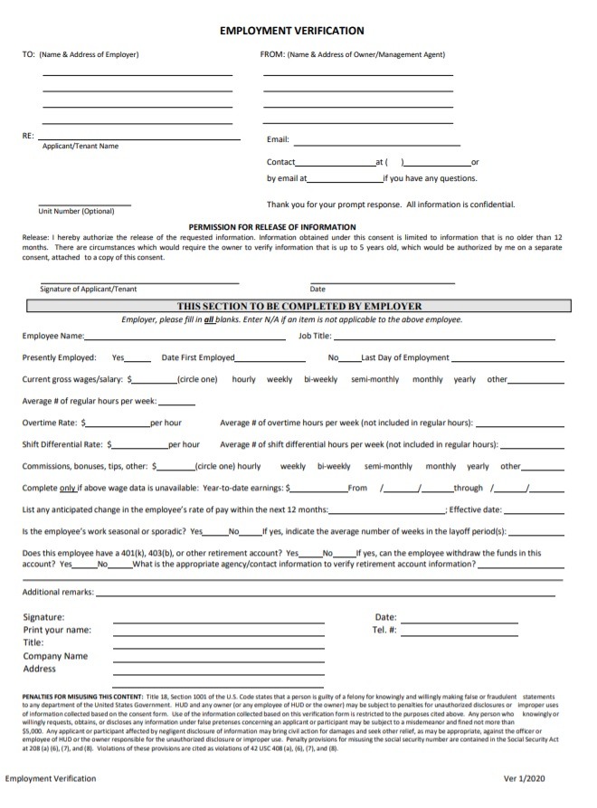 Sample Employment Verification Form | Free Word Templates