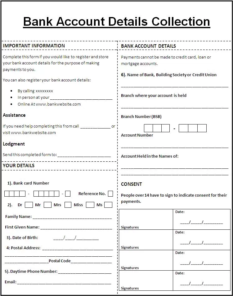 Bank Account Form | Free Word Templates