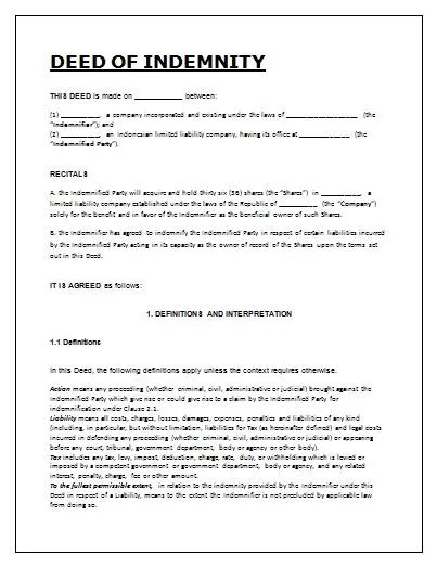 Deed of Indemnity Template | Free Word Templates