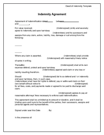 Deed of Indemnity Template | Free Word Templates